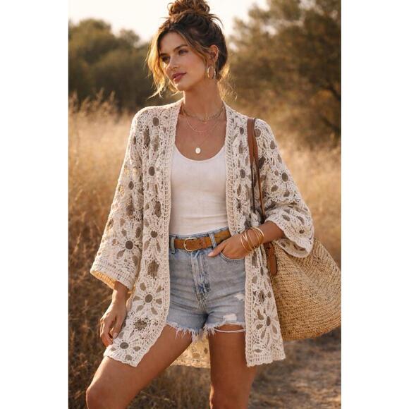 POL | Sweaters | Pol One Size Boho Crochet Cardigan Floral Open Knit ...